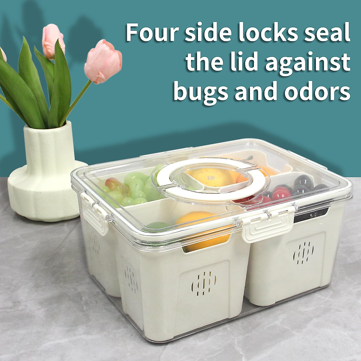 Fruit Storage Containers for Fridge, Fridge Organizer Containers for Food, Fruit Containers with Lid, Divided Serving Tray with Handle, Kitchen Organizers and Storage for Fruit Berry Veggie Vegetable