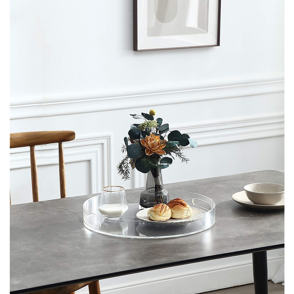 Artmaze Clear Sturdy Acrylic Round Tray with Handles,Spill Proof,for Kitchen (16 inch)