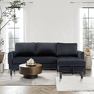 PEIHONGET Sleeper Sectional Sofa, 72.44" Velvet L-Shape 3 Seat with Pull Out Bed, Sectional Sofa Couch with Storage Chaise Living Room Bedroom Apartment(Black)