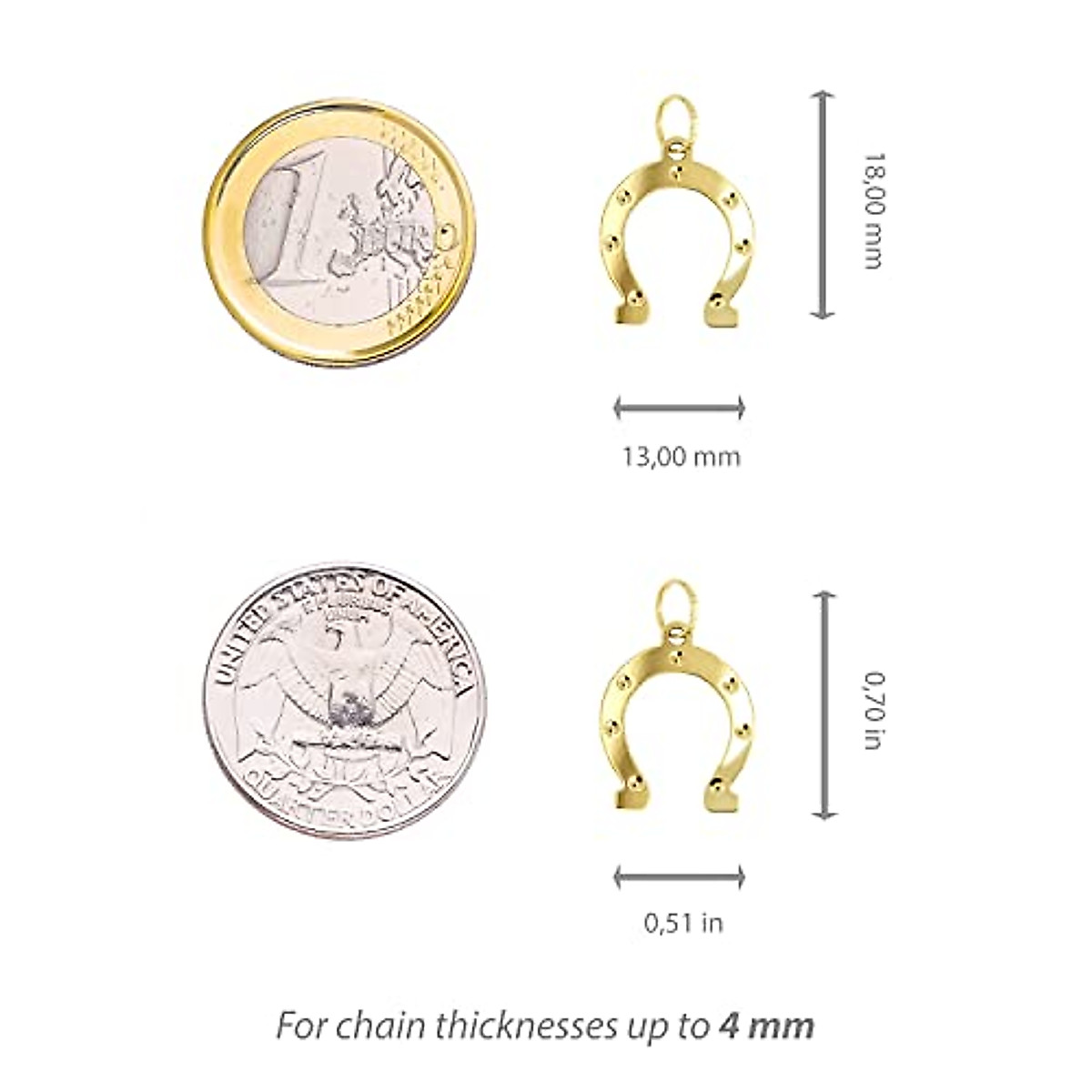 Lucchetta - Gold Horseshoe Pendant without Necklace, Small Good Luck Charm in 14 Kt Yellow, Womens 14k Charms for Necklaces up to 4mm, Authentic Fine Jewelry from Italy