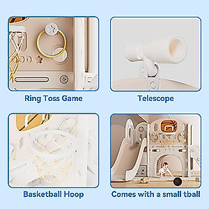 Toddler Slide, 8 in 1 Toddler Indoor Outdoor Playset with Slide, Climber, Basketball Hoop and Ball, Tunnel Crawl, Telescope and Storage Space, Kids Playground Sets for Backyards & Indoor (Coffee)