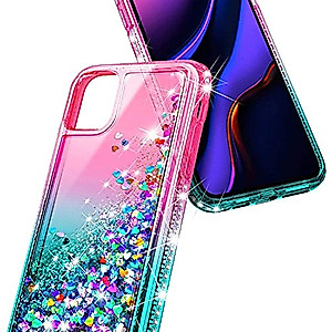NGB Compatible with iPhone 11 Case with Tempered Glass Screen Protector, Ring Holder/Wrist Strap, Girls Women Liquid Bling Sparkle Floating Glitter Cute Phone Case (Pink/Aqua)