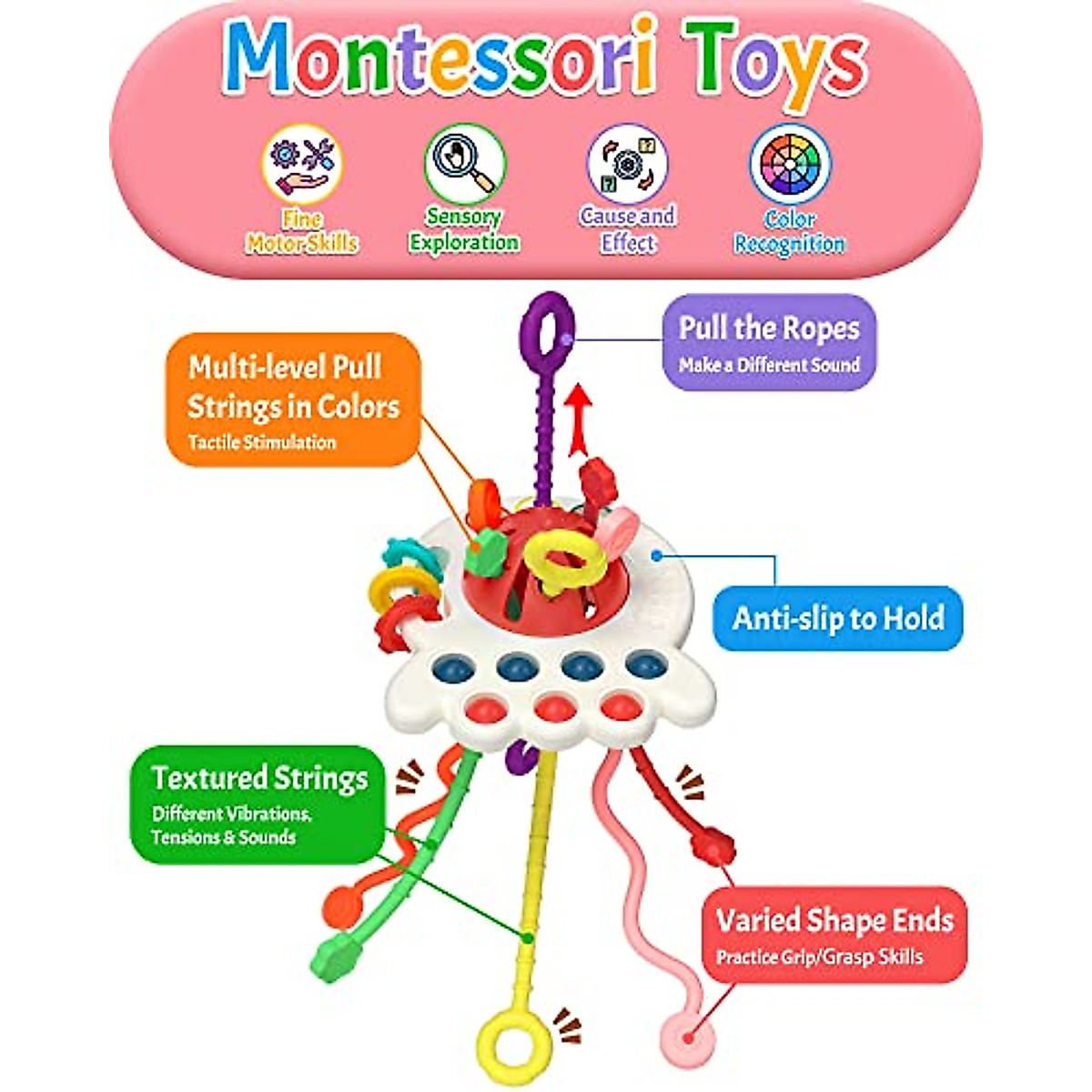 Yetonamr Baby Sensory Montessori Toy for 6-12-18 Months, Pull String Silicone Teething Toy, Educational Bath Learning Birthday Gift Travel Toy for 1 2 3 Year Old Boy and Girl Infant Toddlers