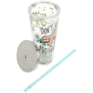 Spoontiques - Glitter Filled Acrylic Tumbler - Glitter Cup with Straw - 20 oz - Stainless Steel Locking Lid with Straw - Double Wall Insulated - BPA Free - Sloth