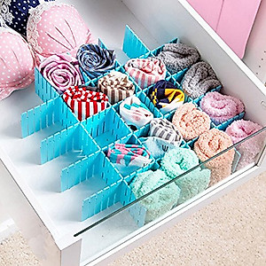 NewFerU Drawer Organizer Grid Dividers X 32, Adjustable Plastic DIY Partition Separators, Storage Box Tidy Inserts for Underwear Sock Bra Tie Scarf Tshirt Ornament Makeup Kitchen Cutlery (Blue)