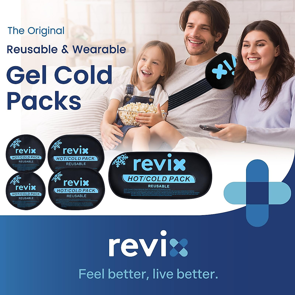 REVIX Ice Packs for Injuries Reusable, 5-Piece Set Hot and Cold Gel Ice Pack for Joints, Muscle, Post-Workout Recovery, Adjustable and Flexible Cooling Pads for Knees, Back, Arms and Neck
