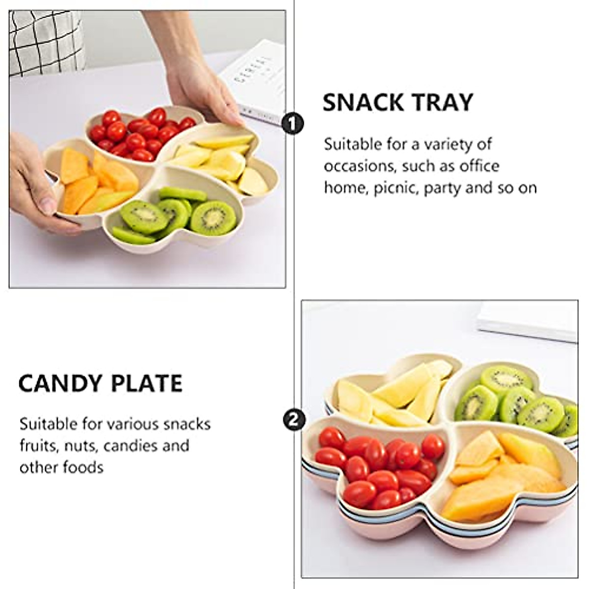 DOITOOL Divided Serving Tray Wheat Straw Appetizer Serving Dish 4 Section Cake Dessert Condiment Snacks Fruits Tray Platter for Nuts Candy Chips Heart White