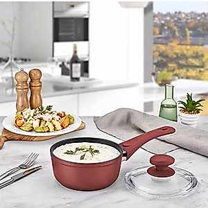 Saflon Titanium Nonstick 3-Quart Sauce Pan with Tempered Glass Lid, 4mm Forged Aluminum with PFOA Free Coating from England (Red)