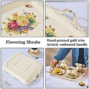 YOLIFE Ivory Serving Tray, Ceramic Floral and Gold Leaves Decorative Platter for Tea Party 15 X 11 inch (Flowering Shrubs)