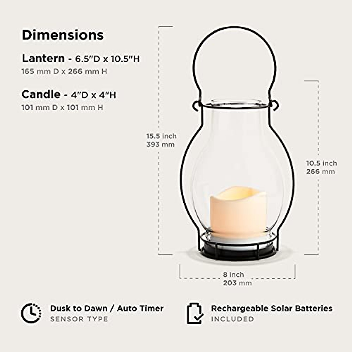 Black Outdoor Lantern with Solar Candle - 10.5 Inch Tall, Metal & Glass, Round Hurricane Style, Waterproof, Battery Included, Solar Powered Decorative Patio Lantern for Modern Home Decor