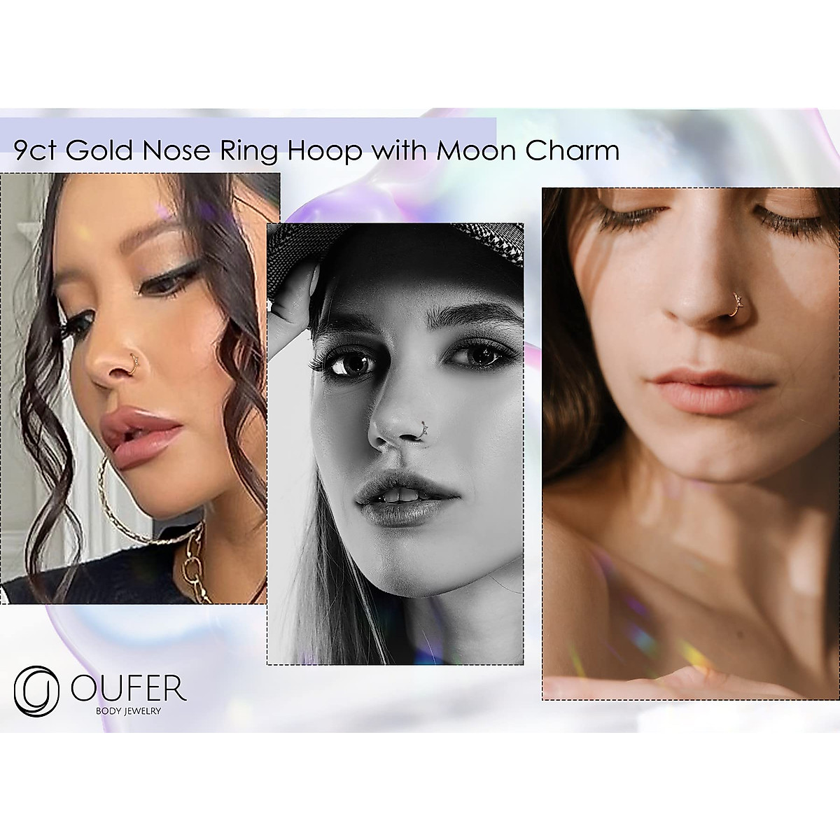 OUFER 20G Nose Rings Hoops, 9K Solid Gold Seamless Open Nose Rings, Moon Design Cartilage Earrings, Nose Piercing Jewelry for Women and Men