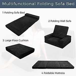 MAXYOYO Folding Sofa Bed, Portable Chair Bed Floor Mattress, Foldable Sleeper Sofa Floor Couch Futon Mattress for Guest Room, Camping, Road Trip, Black, Full, 83x54 Inch