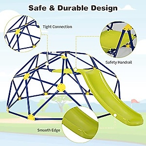 Costzon Climbing Dome with Slide, 2 in 1 Outdoor Jungle Gym Monkey Bar Climbing Toys for Toddlers, 8FT Geometric Dome Climber Playground Set for 3-8 Boys Girls Backyard Fun Gift Present