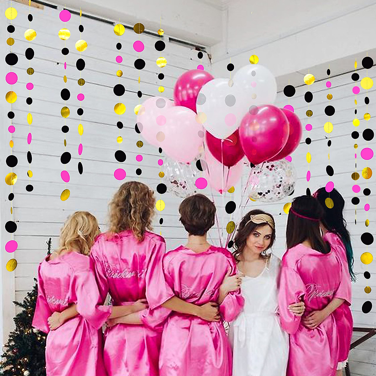 46 Ft Black Hot Pink and Gold Circle Dots Garland Hanging Paper Polka Dots Streamer for Birthday Bachelorette Engagement Wedding Baby Bridal Shower Anniversary Minnie Theme Party Decorations Supplies