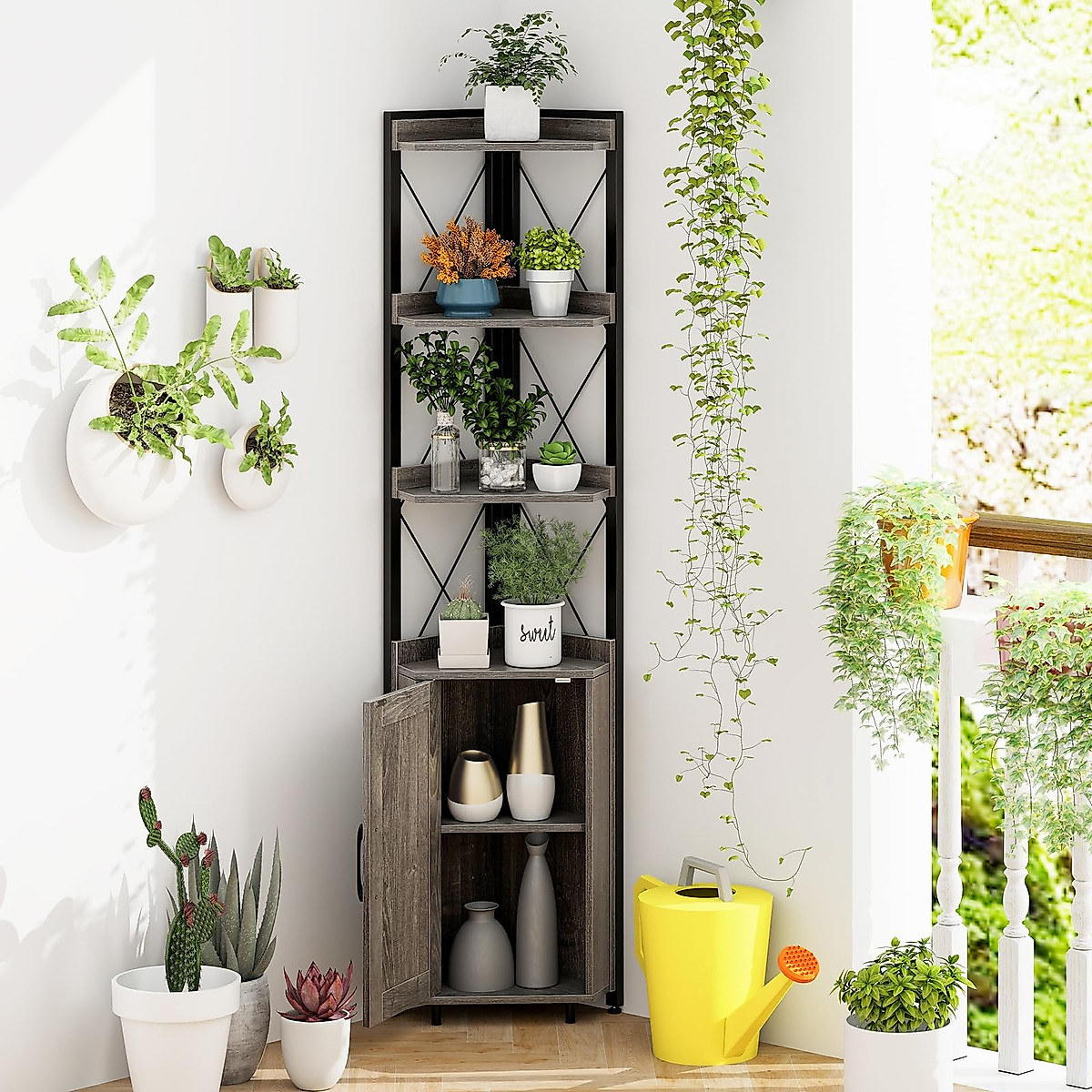 Tangkula Tall Corner Storage Cabinet, 71” Industrial 6 Tier Storage Shelf w/Door Cabinet, Corner Bookshelf Plant Stand, X-Shaped Metal Frame Standing Cabinet for Living Room, Small Spaces (Grey)