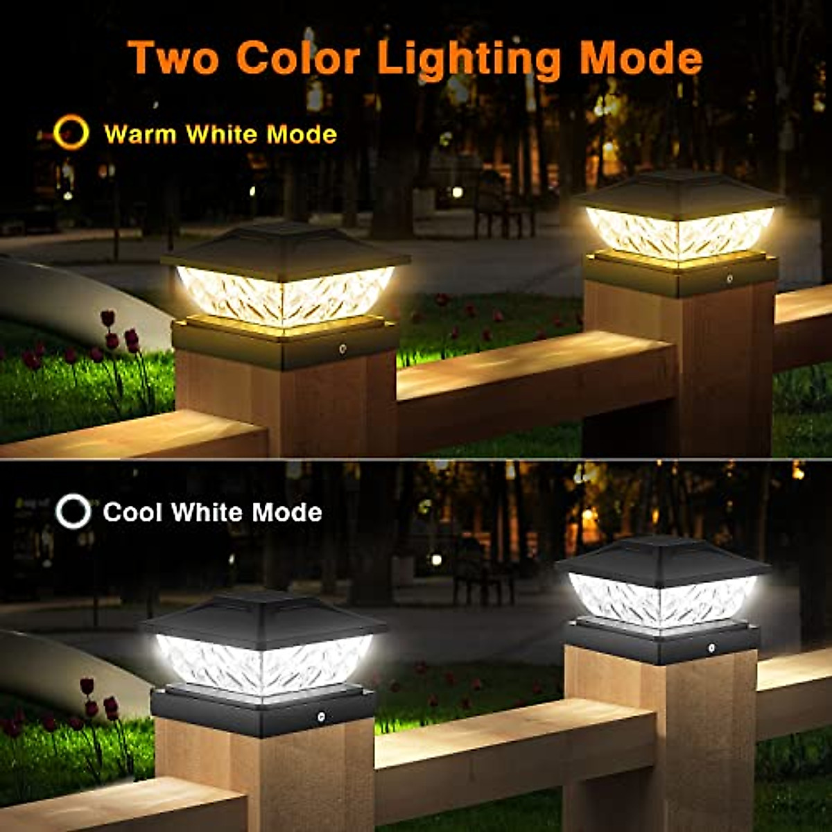 ENSLI Solar Post Lights Outdoor, 2 Mode Bright Solar Post Lights Outdoor Fence Post Cap Lights, Outdoor Post Lights Solar Powered Deck Lights for 4x4 4.5x4.5 5x5 Post, 2 Pack (Black)
