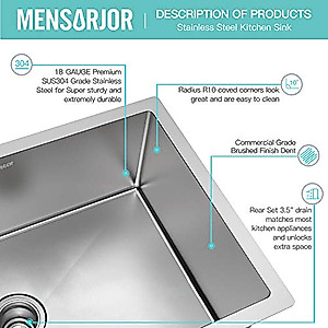 MENSARJOR Undermount Sink， 27" x 18" Single Bowl Kitchen Sink Undermount Stainless Steel Kitchen Sink, Bar or Prep Kitchen sink