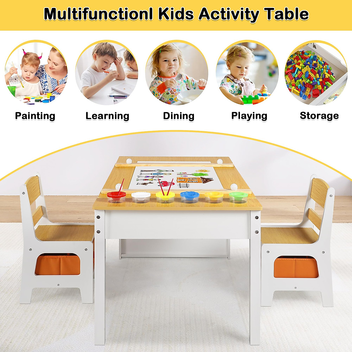 TODEFULL Kids Art Table and Chairs Set, 2 in 1 Kids Art Table, Wooden Activity Table with 2 Chairs, 8 Storage Canvas Bins, 6 Paint Cups and Paper Roll, Large Storage Desk for Writing Drawing, Natural