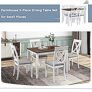 XD Designs Farmhouse 5-Piece Kitchen Dining Table Set, Rustic Rectangular Kitchen Table with 4 Comfortable Upholstered Dining Chairs, Dining Table Set for 4