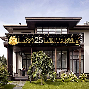 Yoaokiy Happy 25th Anniversary Banner Decorations Supplies, Large 25 Year Wedding Anniversary Party Sign, Black Gold 25 Years Anniversary Backdrop Photo Props for Outdoor Indoor(9.8x1.6ft)