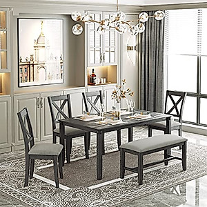 6 Piece Dining Table Set, Wood Dining Dinette Table and 4 Chairs with 1 Bench with Cushion, Rustic Style Kitchen Table Set for 6 Persons, Gray