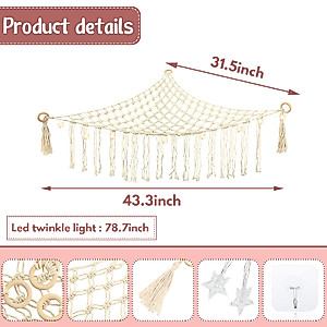 Stuffed Animal Net Hammock Macrame Boho Toy Hammock with LED String Light Stuffed Animal Hanging Storage Organizer Wall Corner Toy Net Holder Display with Tassel (Beige,43.3 x 34.6 x 34.6 Inch)