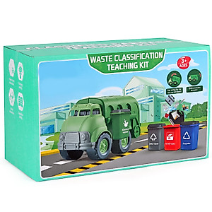 Liberty Imports Big Plastic Garbage Truck Toy, Waste Management Recycling Green Dump Vehicle with 4 Trash Cans and Recycle Sorting Cards for Little Kids, Toddlers