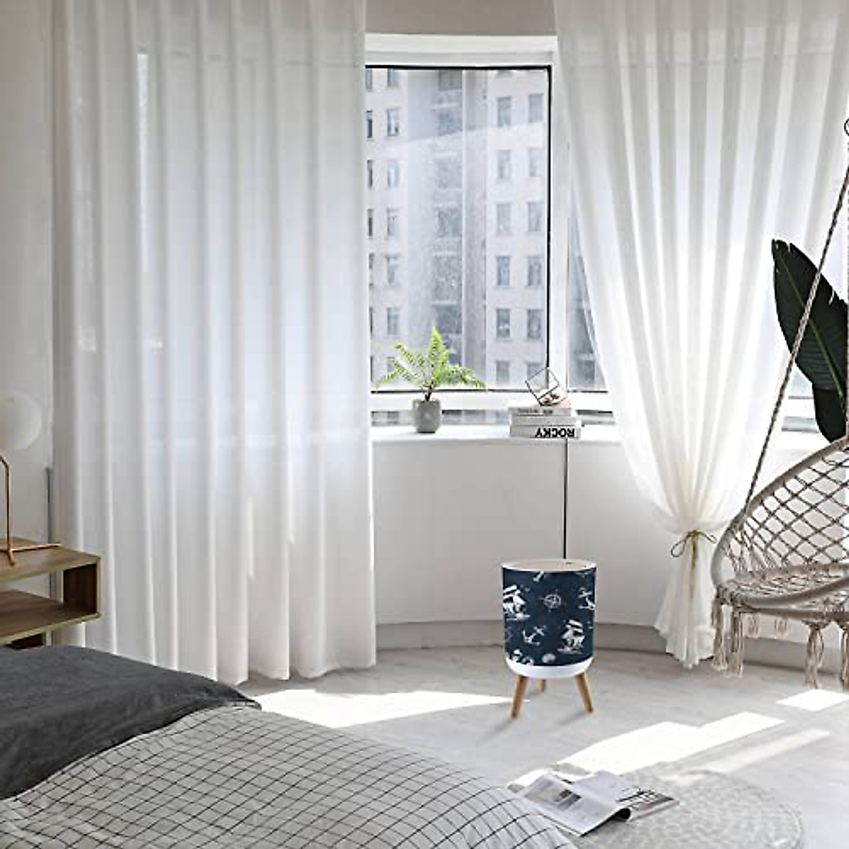 IBPNKFAZ89 Small Trash Can with Lid Vintage sea and Nautical Seamless Sailing Ship navigational Garbage Bin Wood Waste Press Cover Round Wastebasket for Bathroom Bedroom Office Kitchen 8.66x14.3inch