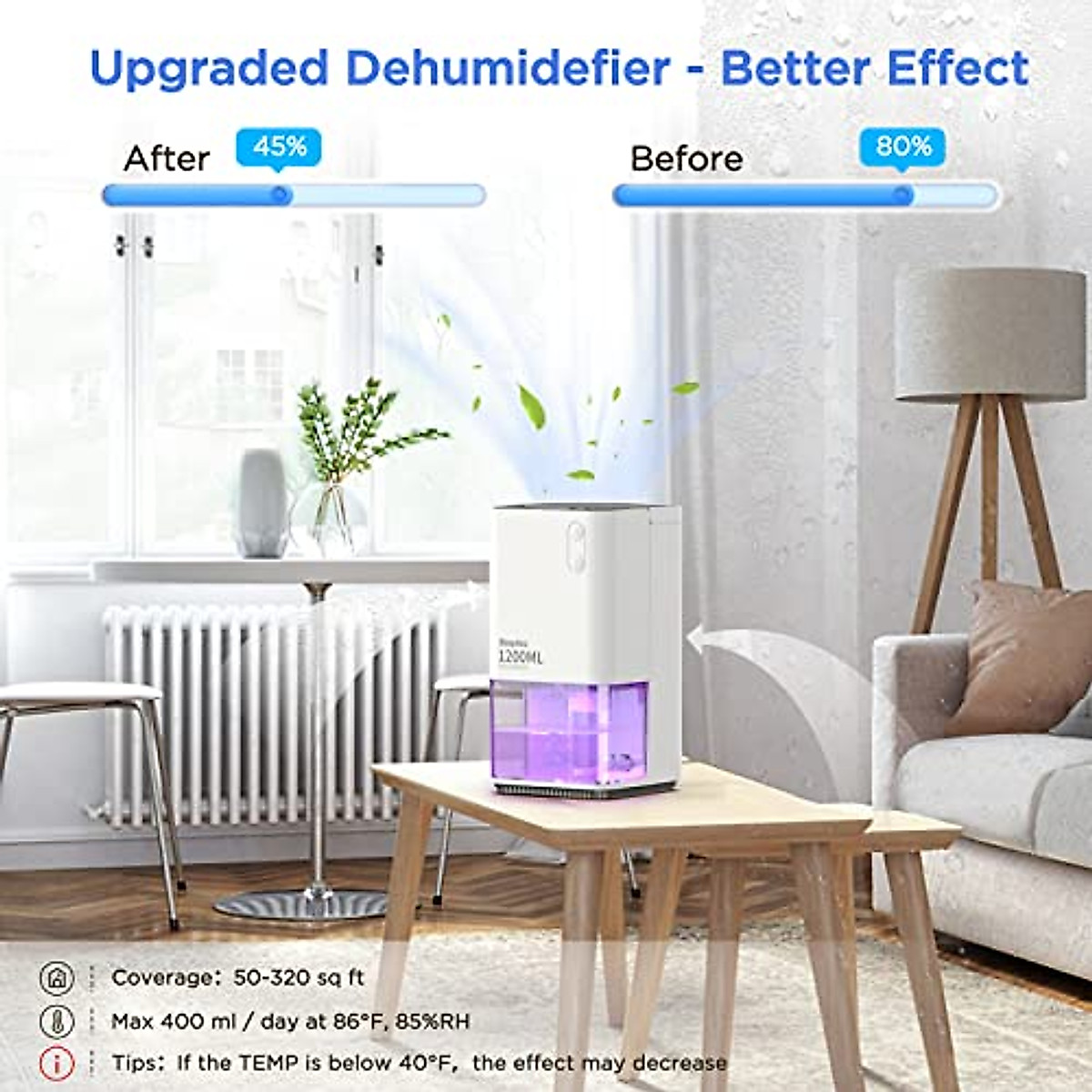 40oz Dehumidifiers for Home, EasyAcc Smart Dehumidifiers 320 sq. ft, with 7 Colorful Lights, 35dB Ultra Quiet, Auto Shut off, Dehumidifiers for Closets Bedroom Bathroom RV (Energy Saving)