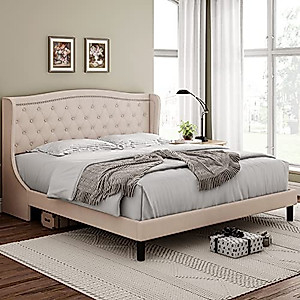 HOSTACK Queen Size Bed Frame, Modern Upholstered Platform Bed with Wingback Headboard, Heavy Duty Button Tufted Bed Frame with Wood Slat Support, Easy Assembly, No Box Spring Needed(Beige, Queen)