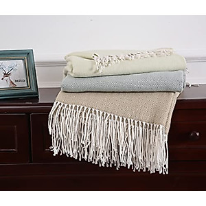 Panku Decorative Herringbone Faux Cashmere Blanket Throw with Fringe, Lightweight Soft Cashmere Like Chevron Throw Blanket with Tassels for Couch Sofa Chair, Farmhouse Boho Blanket 50x60 Sege Green
