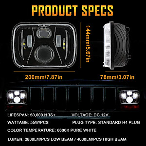 Auxbeam 5x7 7x6 Inch Led Headlights with High Low Beam H6054 6054 Led Rectangular Headlight Compatible for Jeep Wrangler YJ Cherokee XJ GMC Replacement H5054 H6054LL 69822 6052 6053 (Black)