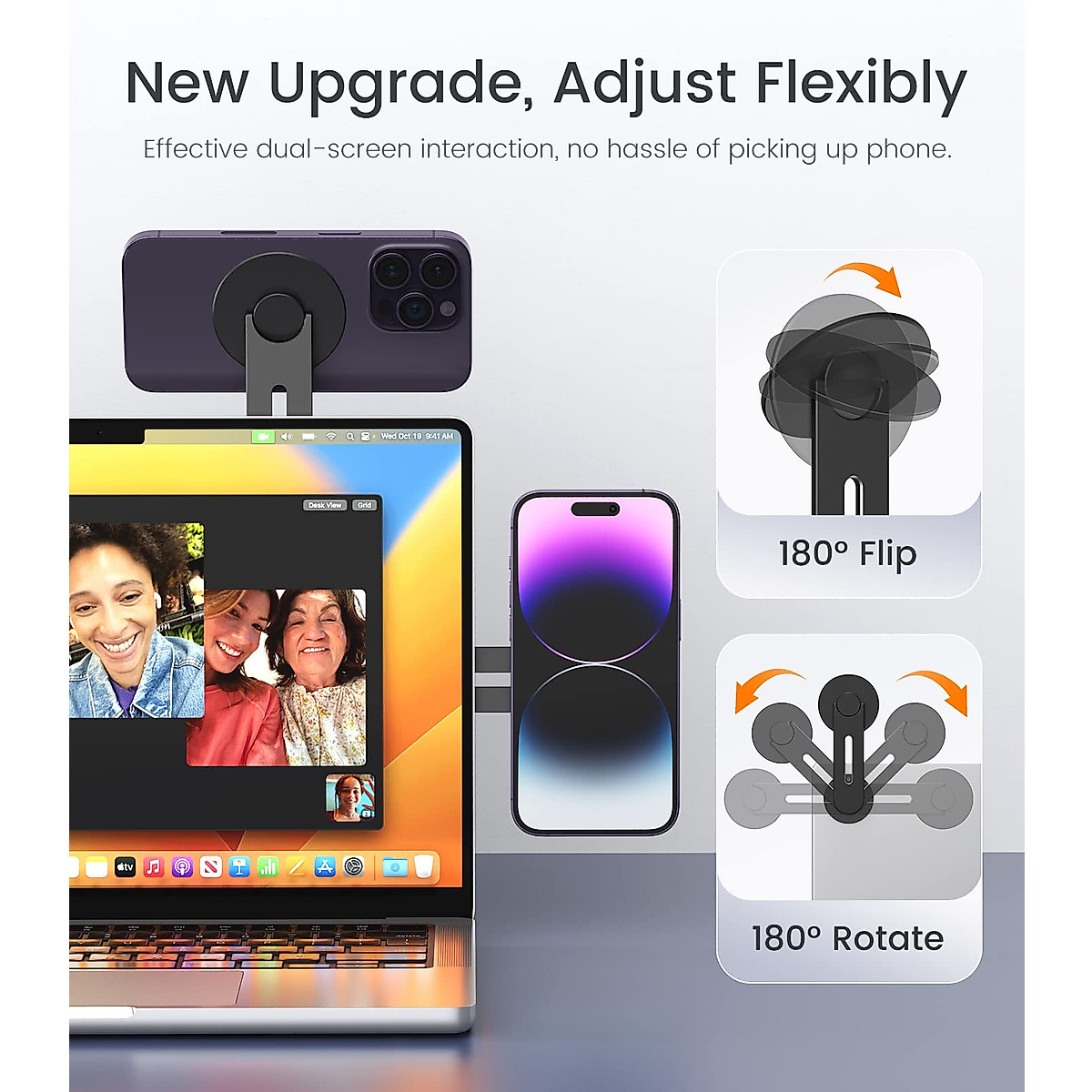 MoKo Magnetic Phone Holder for Laptop, 90° Adjustable Desktop Monitor Laptop Phone Side Mount fits iPhone 14/13/12 Series, Slim Portable Foldable Computer Monitor Expansion Bracket for Mobile Phone