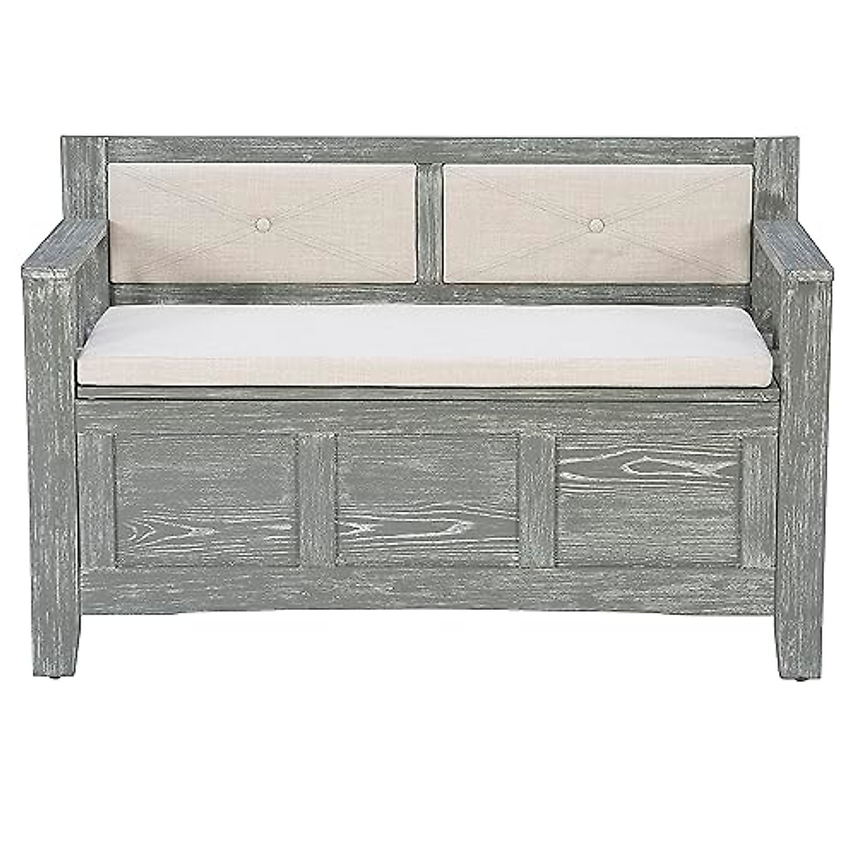 Linon Weathered Grey Carlton Storage Bench with Beige Upholstered Back and Cushioned Seat