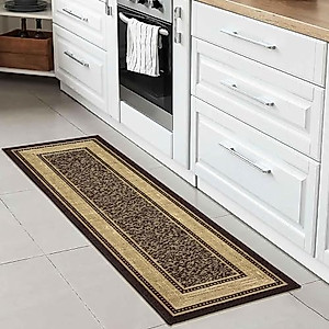 Ottomanson Ottohome Non-Slip Rubberback Bordered Design 2x7 Indoor Runner Rug, 1'10" x 7', Brown