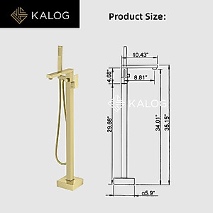 Kalog Single Handle Freestanding Tub Filler Floor Mount Bathtub Faucet with Square Handheld Shower (Brushed Gold-E)