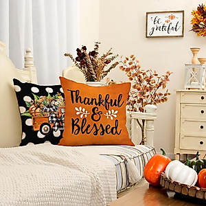 GEEORY Fall Pillow Covers 18 x 18 Inch Set of 4, Polka Dots Buffalo Bow-Knot Pumpkins Truck Thankful Thanksgiving Decor Decorative Throw Cushion Cases Decoration for Home Sofa Couch (Black) G405-18