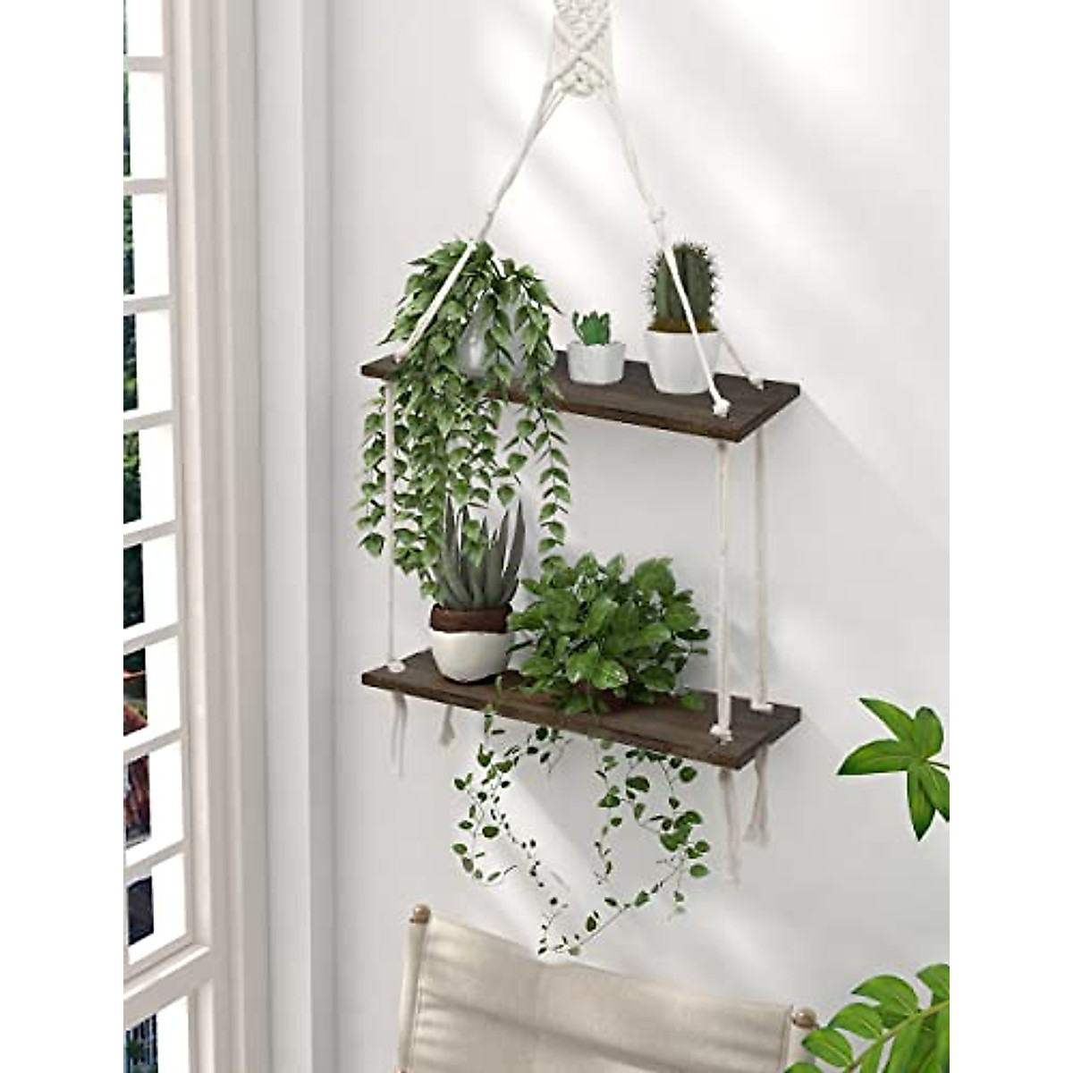 Sonefreiy Rustic Hanging Shelves 2 Tier White Rope Brown Wood Floating Shelf Window Plant Shelves for Bathroom Bedroom Living Room