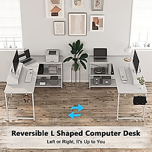 L-Shaped Desk with Storage Shelves, Computer Desk with Monitor Stand Study Writing Table Workstation, Easy to Assemble, White