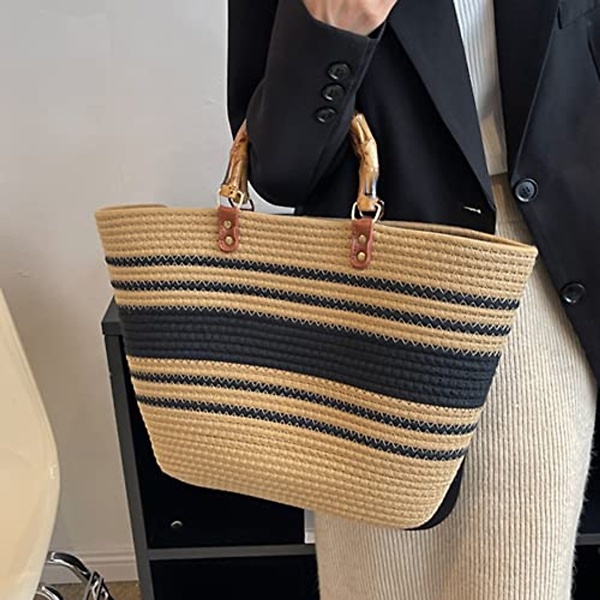 GETERUUV Beach Tote Bag Large Woven Bag Handbag Women's Woven Cotton Rope Tote Bag Top Bamboo Handle Summer Beach Tote