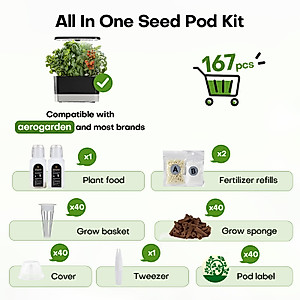 Ahopegarden 167 Pcs Seed Kit for Aerogarden for Gardencube Hydroponics Growing System, Grow Kit for Indoor Garden with 40 Grow Sponges, 40 Grow Baskets, 40 Covers, 40 Labels, 6 A&B Plant Food