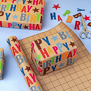 BIOBROWN Kraft Wrapping Paper Roll Colorful Text Happy Birthday Design Perfect for Birthday Holiday Wrap 17 inch X 33 feet