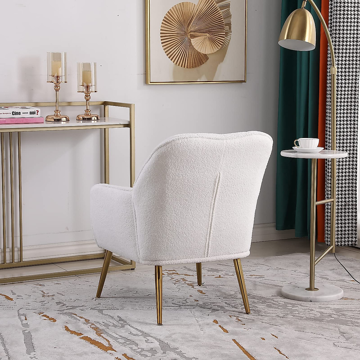 Goujxcy Teddy Barrel Chair Accent Armchair with Golden Legs for Living Room Bedroom Home Office, Tufted Back Club Chair (White3)