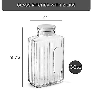 68oz Glass Pitcher with Lid (2 Lids) - Rectangle Beverage Serveware and Storage Container for Hot or Cold. Kool Aid Lemonade Pitcher, Water Containers, 2 Quart