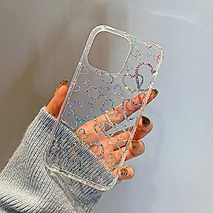 LSEEKA Compatible with iPhone 13 Pro Max Clear Case with Love Heart Laser Glitter Holographic Design,Sparkly Bling Cute Hard PC & Soft TPU Bumper Shockproof Protective Phone Cover for Women Girls