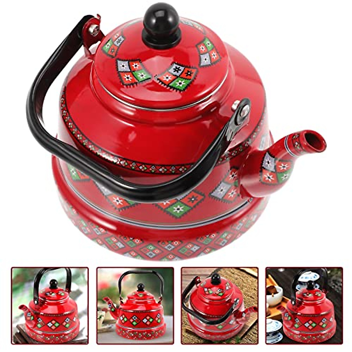 DOITOOL Enamel Tea Kettle Vintage Stovetop Tea Pot Hot Water Boiling Kettle Gas Cooker Kettle Coffee Pot with Handle 2.5L Red