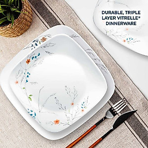 Corelle Adlyn 16pc, Service for 4, Dinnerware Set, 8 plates bowls, Chip & Break Resistant, Dinner Plates and Bowls, Corelleware White, Blue, Orange, Green