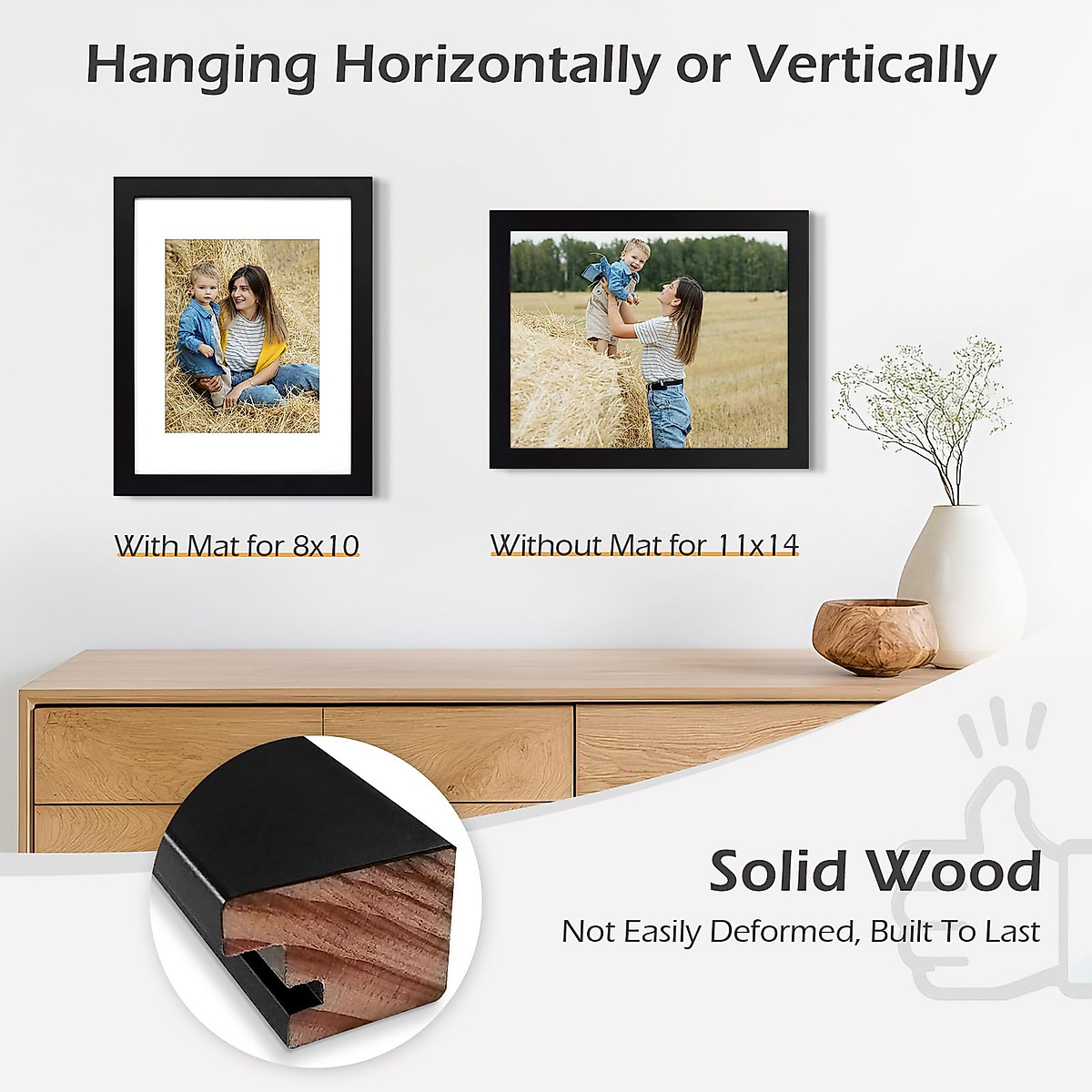 Golden State Art, 11x14 Black Picture Frame - Solid Wood, Tempered Glass, and White Mat Display for 8x10 Picture (Wall Display)