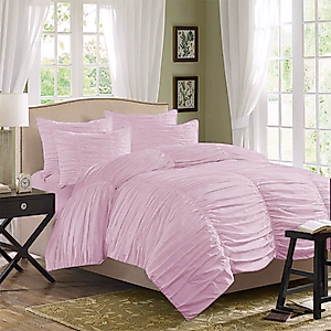 BedDecor 5 Piece Ruched Pattern Duvet Set with Zipper & Corner Ties 100% Egyptian Cotton 500 Thread Count Premium Hotel Quality Decorative Bedding(Oversized King, Pink)