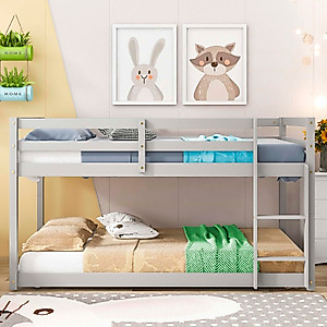 Anwick Twin Over Twin Low Bunk Bed with Stairs and Rails, Wooden Bunk Beds Frame with Safety Guardrail and Slats for Toddlers, Kids, Teens, Boys, Girls, Noise-Free (Grey)